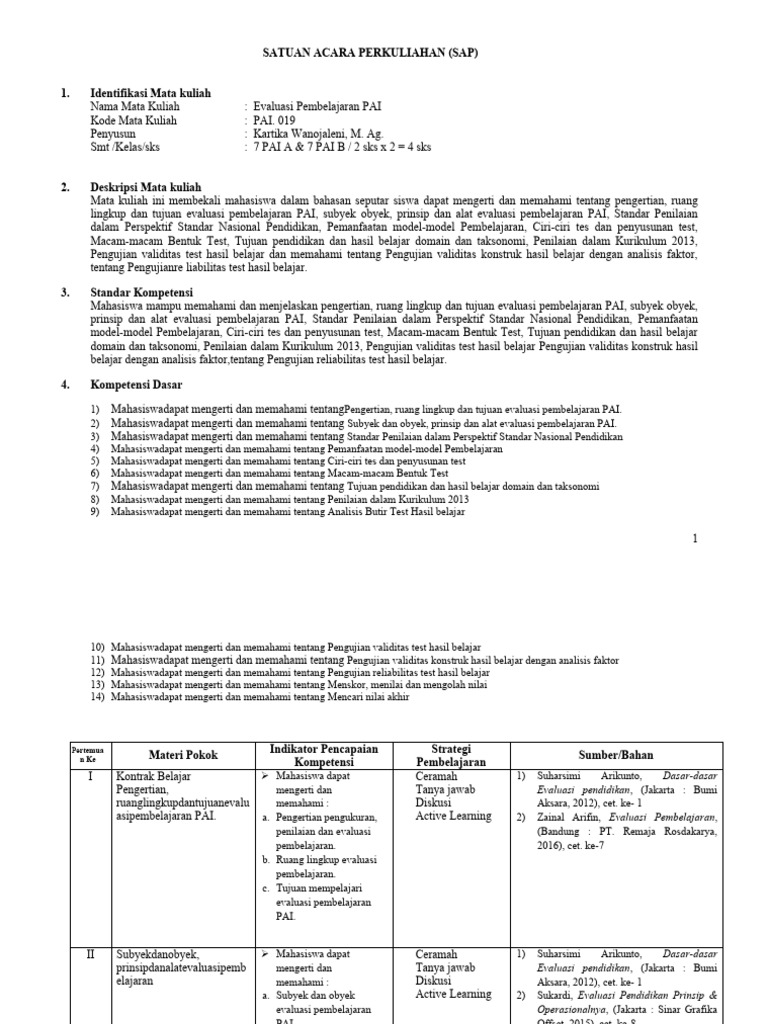 Satuan Acara Perkuliahan Sap Evaluasi Pe | PDF