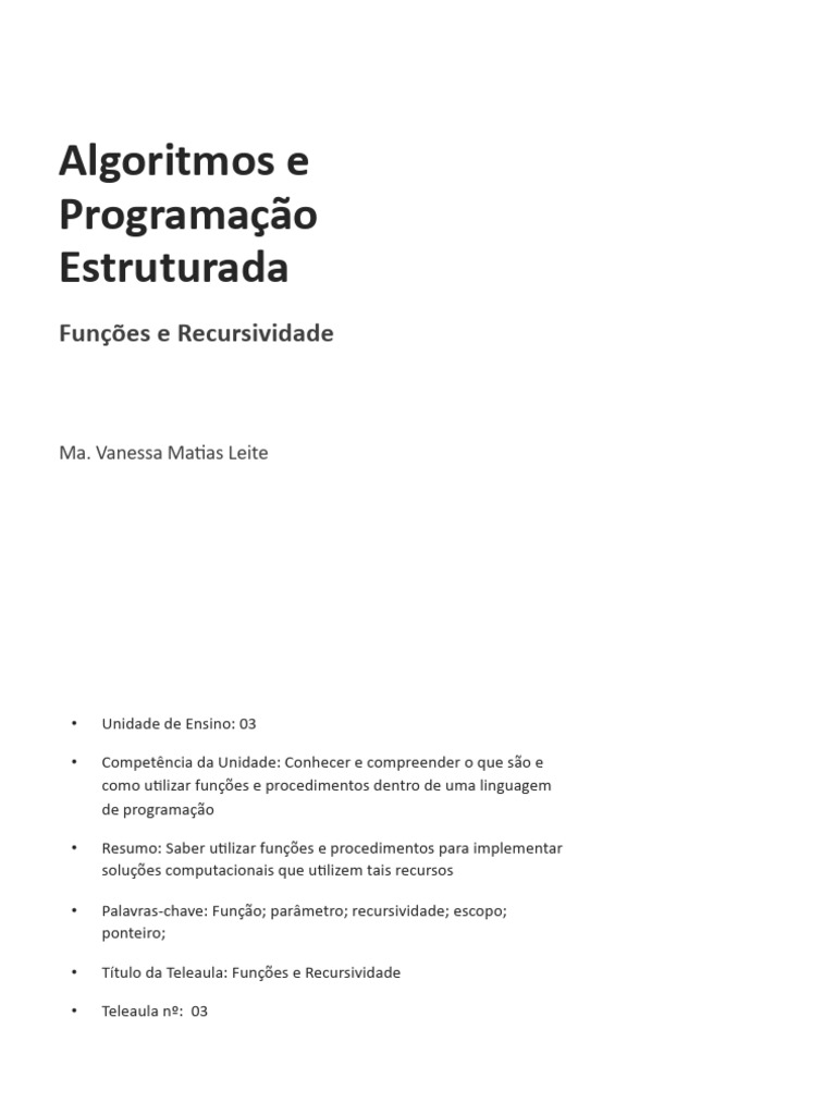 Algoritmos e Programação Estruturada: Funções e Recursividade | PDF