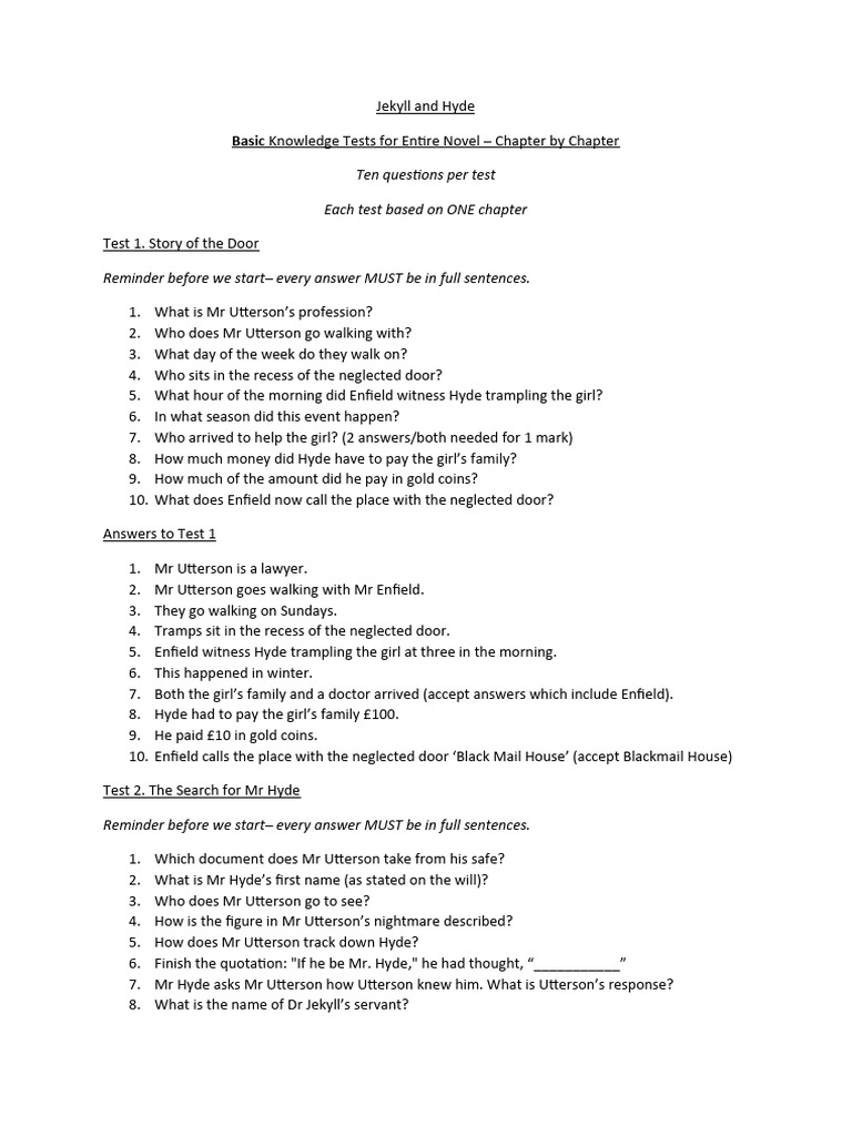 Jekyll and Hyde Basic Knowledge Tests 1 | PDF | Strange Case Of Dr ...