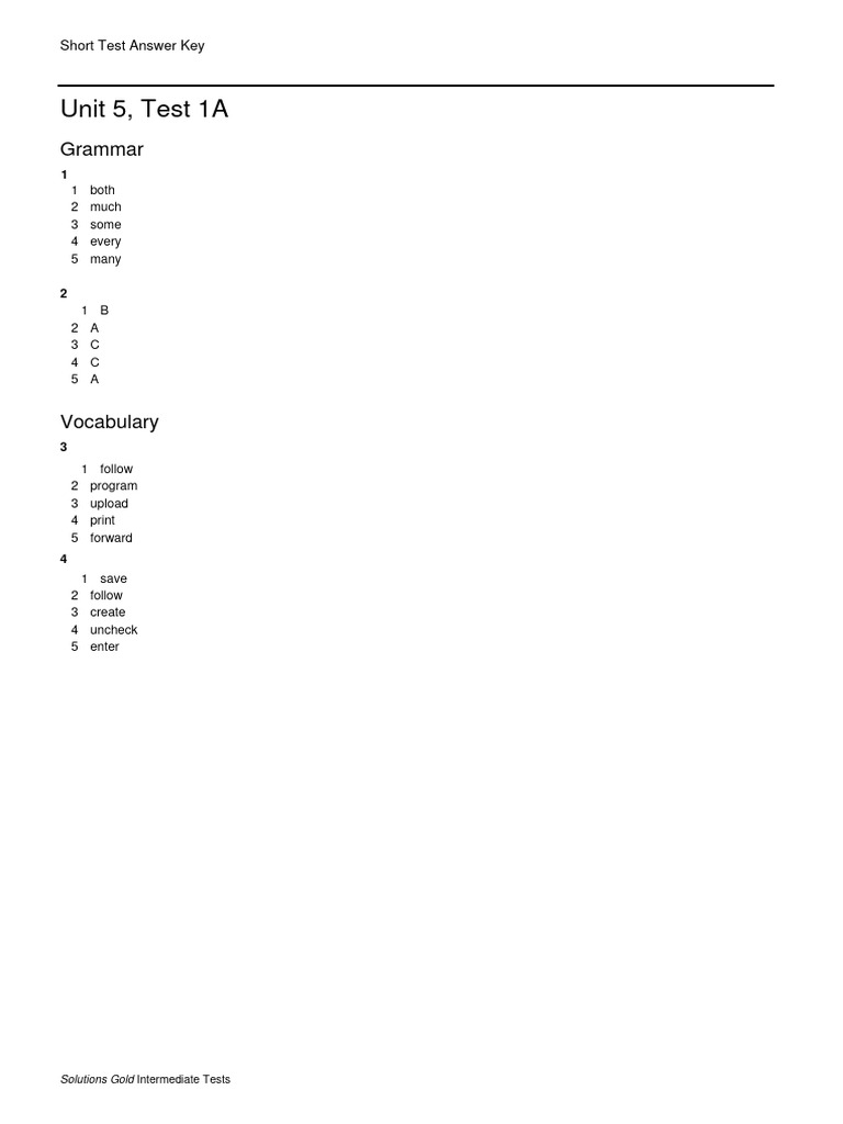 Sol Gold I U5 Short Test 1A Answer Key | PDF