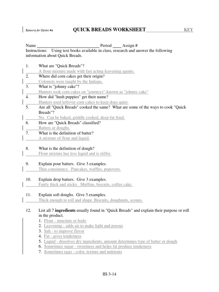 Quick Breads Worksheet Guide | PDF