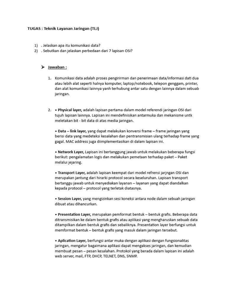 Jawaban:: TUGAS: Teknik Layanan Jaringan (TLJ) | PDF