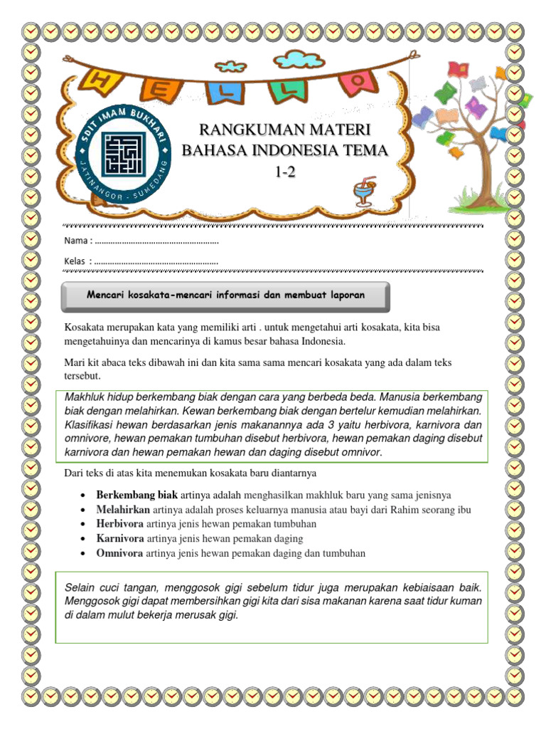Rangkuman Materi B.indo Kelas 3 Tema 1 Dan 2 | PDF