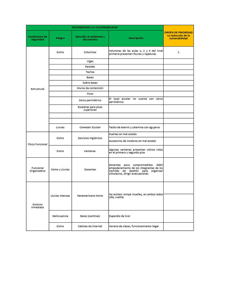 EJEMPLO - Matriz de Condiciones de Vulnerabilidad | PDF