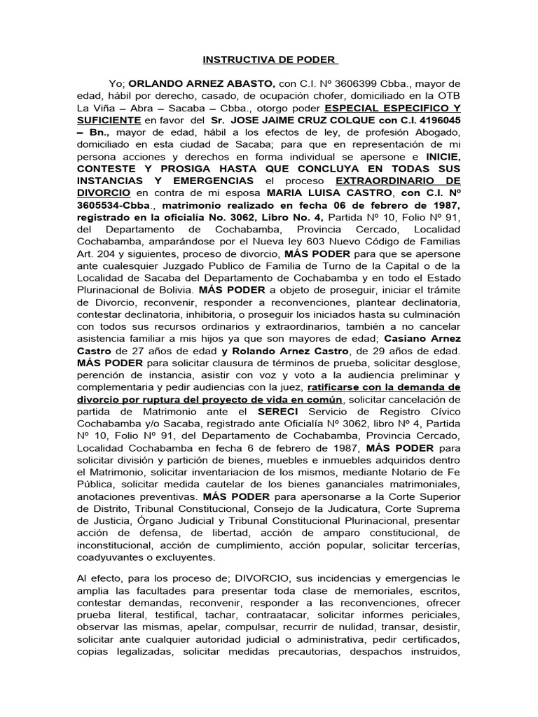 Instructiva de Poder | PDF | Divorcio | Judicaturas