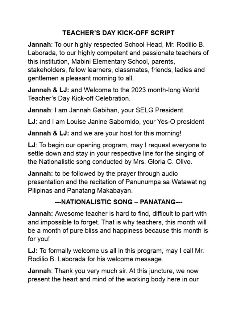 Teacher's Day Kick-Off Script | PDF | Wellness Teacher's Day Kick-Off Script | PDF | Wellness