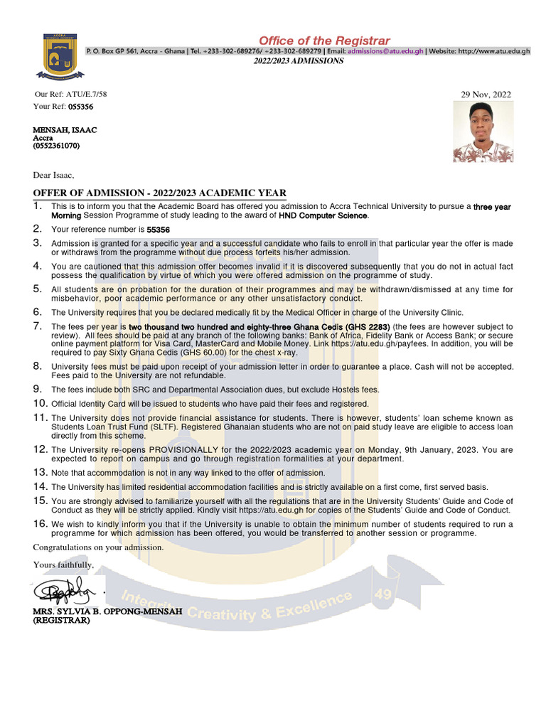 Admission Letter ATU | PDF | Fee | Financial Services