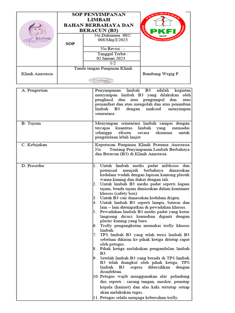 Sop Penyimpanan Limbah B3 Klinik Anastasia | PDF