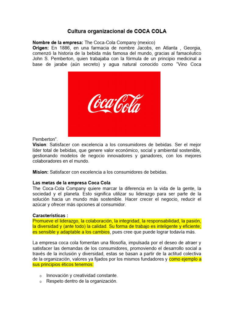 Cultura Organizacional de COCA COLA | PDF