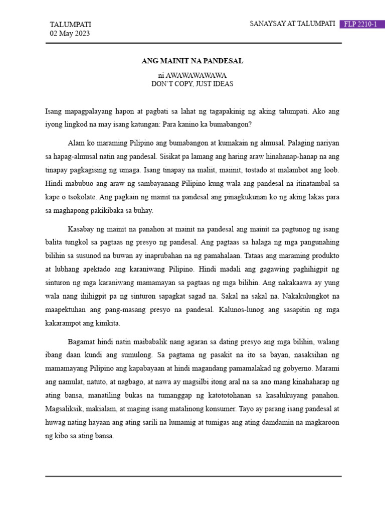 Talumpati Tungkol Sa Mainit Na Pandesal | PDF