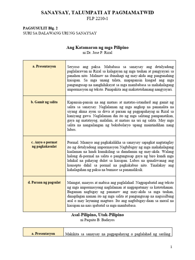 Pagsusuri Sa Dalawang Sanaysay | PDF