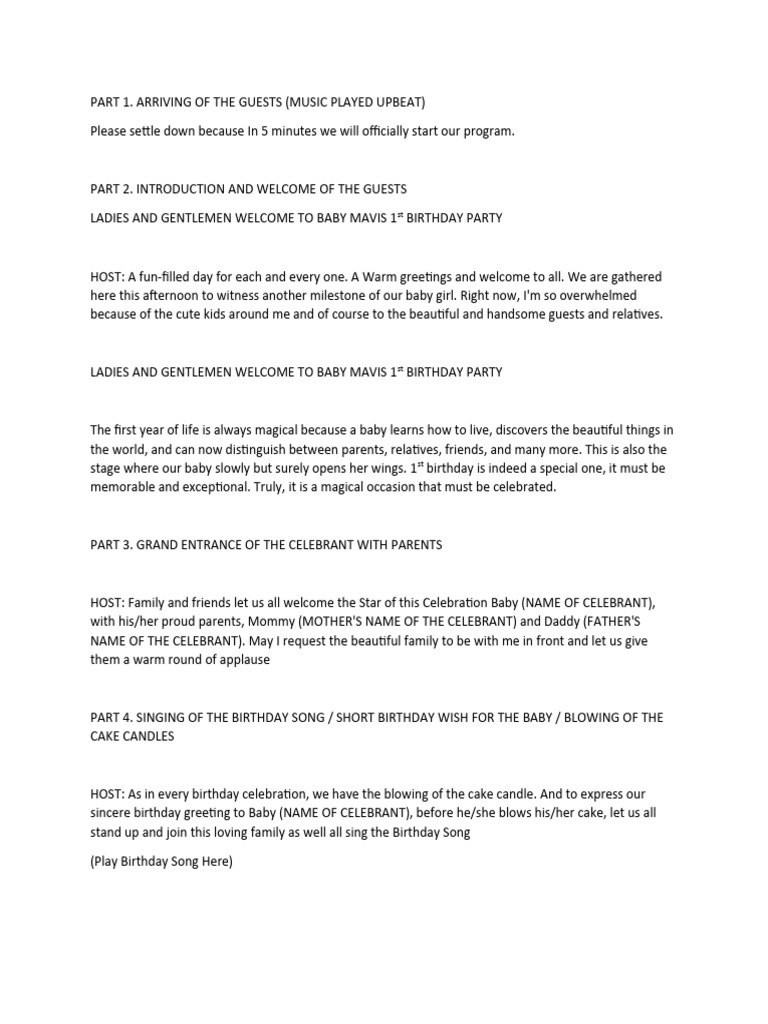 1st Birthday Script | Download Free PDF | Birthdays