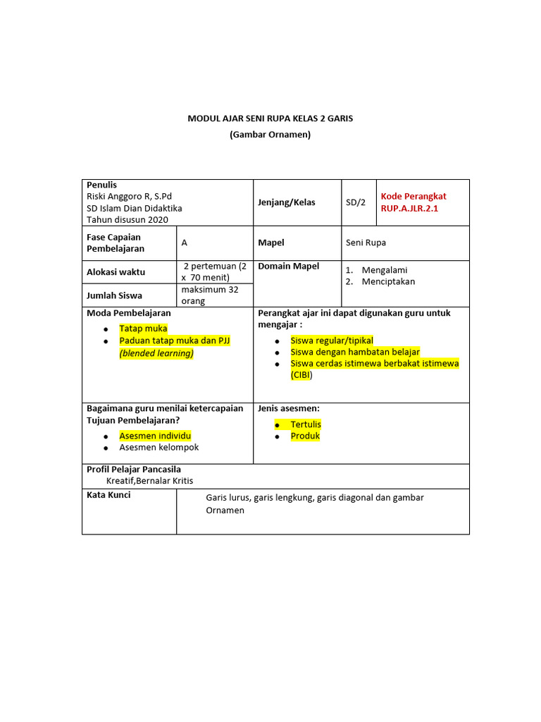 Modul Ajar Ornamen Seni Rupa Kelas 2 | PDF
