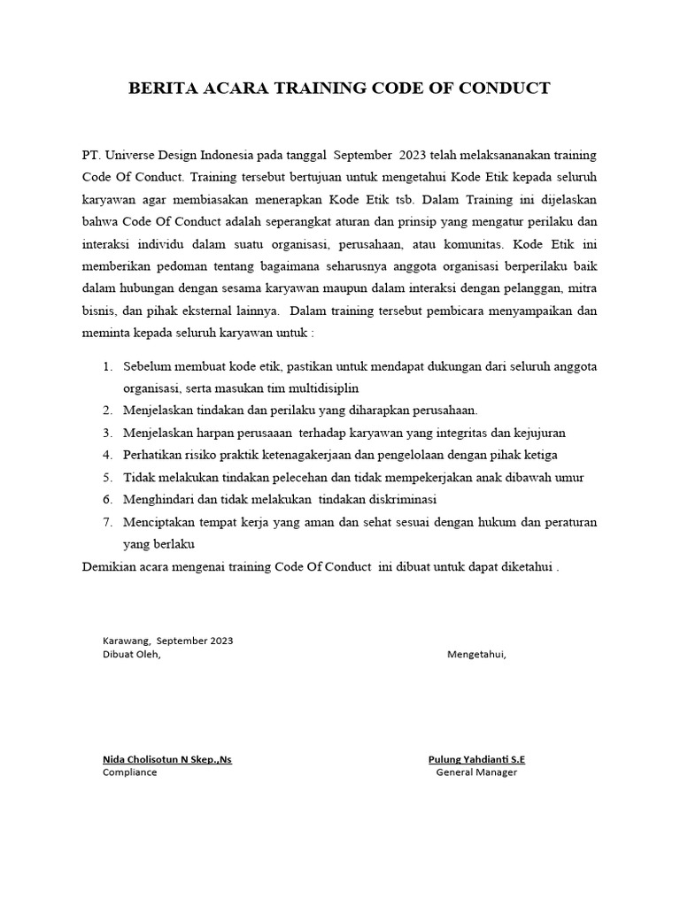 Berita Acara Training Code of Conduct | PDF