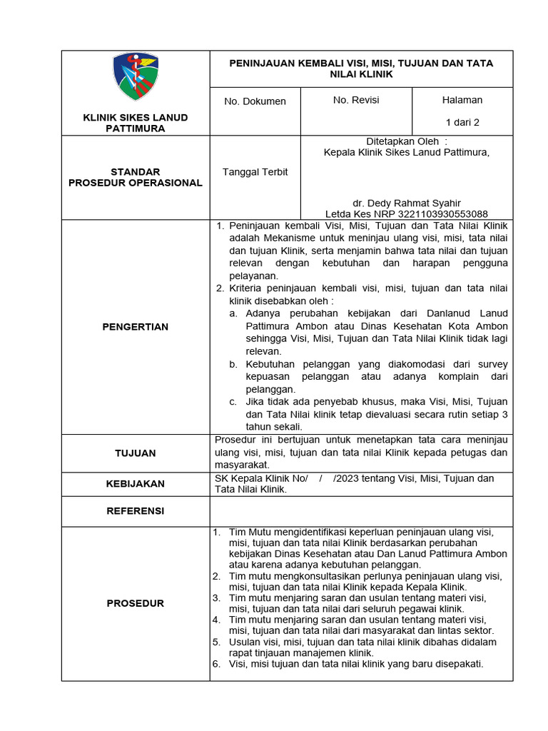 Sop Peninjauan Kembali Visi, Misi, Tujuan Dan Tata Nilai Klinik | PDF Sop Peninjauan Kembali Visi, Misi, Tujuan Dan Tata Nilai Klinik | PDF