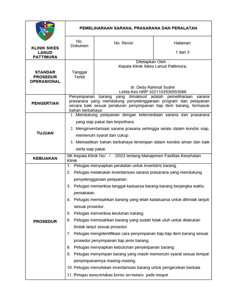 Sop Pemeliharaan Sarana, Prasarana Dan Peralatan | PDF