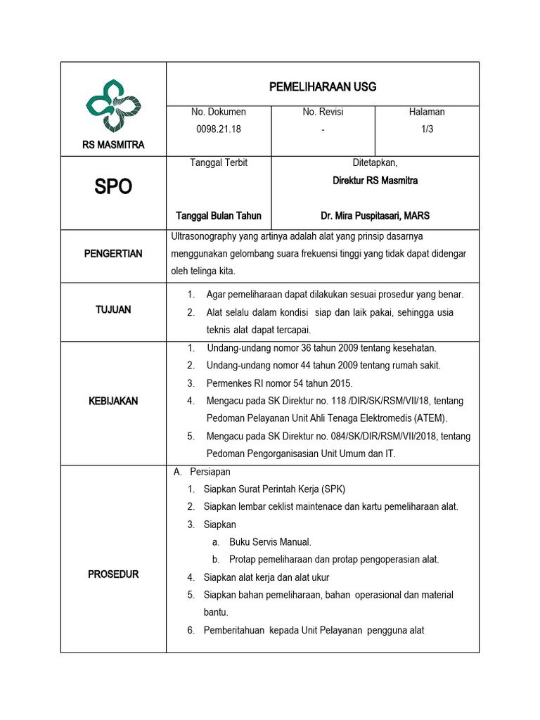SOP Pemeliharaan Alat USG RS Masmitra | PDF