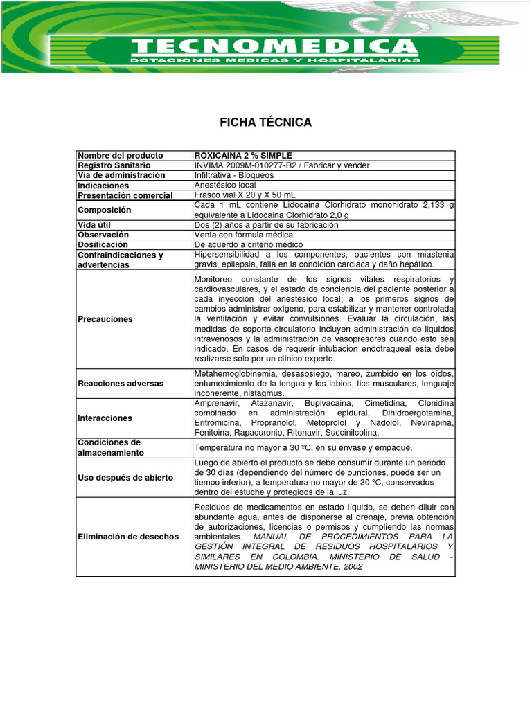 Roxicaina 2 Simple-Ficha Tecnica | PDF | Farmacología | Tratamientos ...
