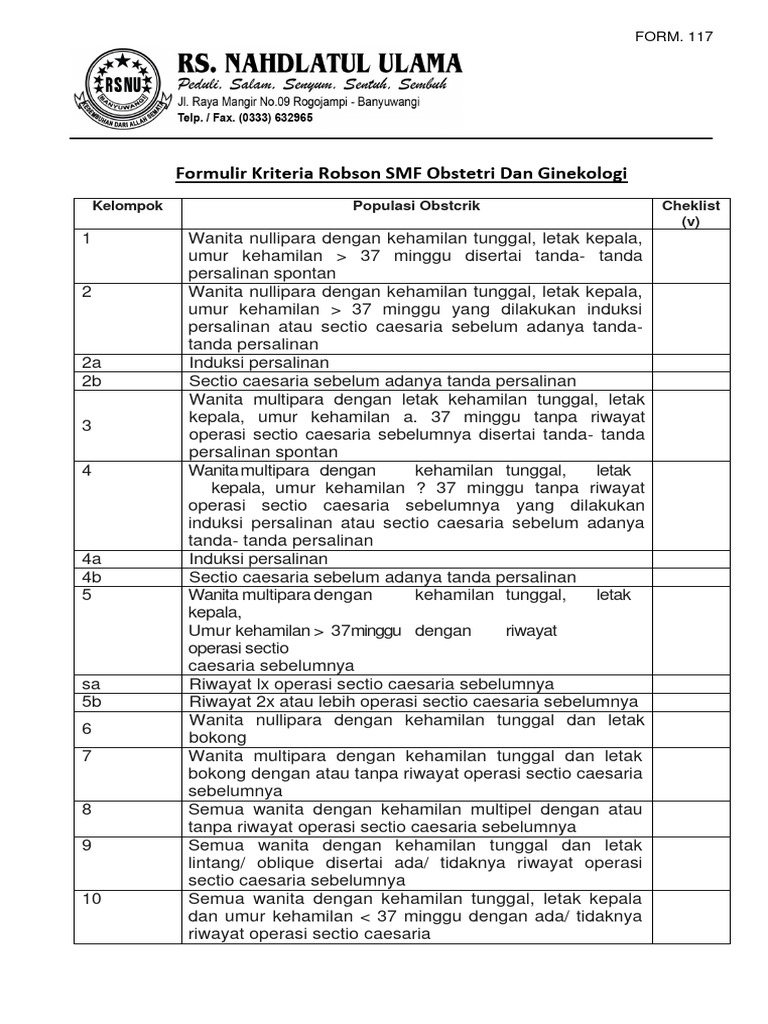 FORM.117 Formulir Kriteria Robson SMF Obstetri Dan Ginekologi | PDF