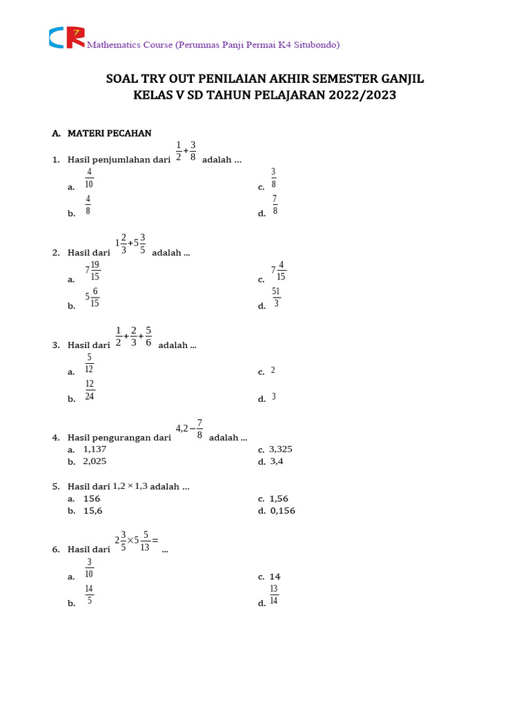 Soal Try Out Penilaian Akhir Semester Ganjil | PDF