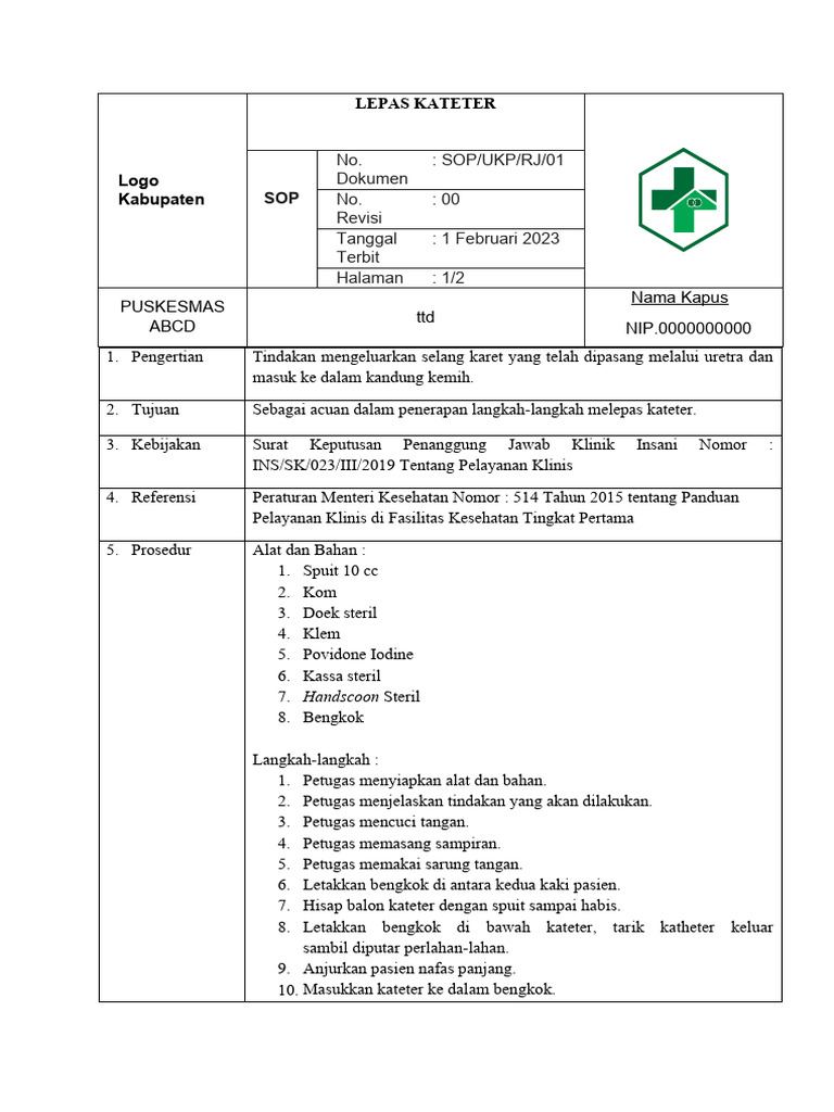 SOP Melepas Kateter Puskesmas | PDF | Sains & Matematika