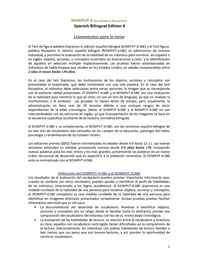 ROWPVT-4 Lineamientos para La Toma Receptivo | PDF | Evaluación | Léxico