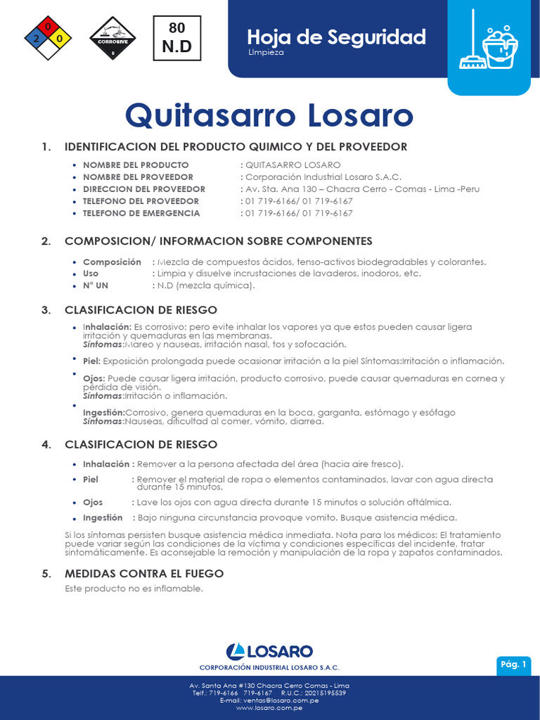 Hoja De Seguridad Quitasarro Losaro Pdf Residuos Agua