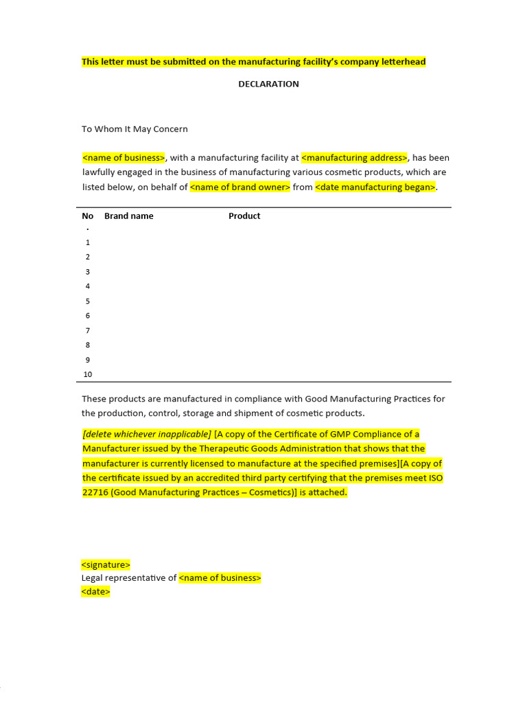 Sample Letter Manufacturer Declaration | PDF
