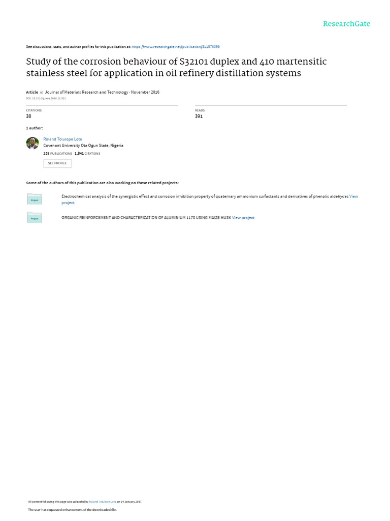 Study of The Corrosion Behaviour of S32101 Duplex and 410 Martensitic Stainless Steel For ...