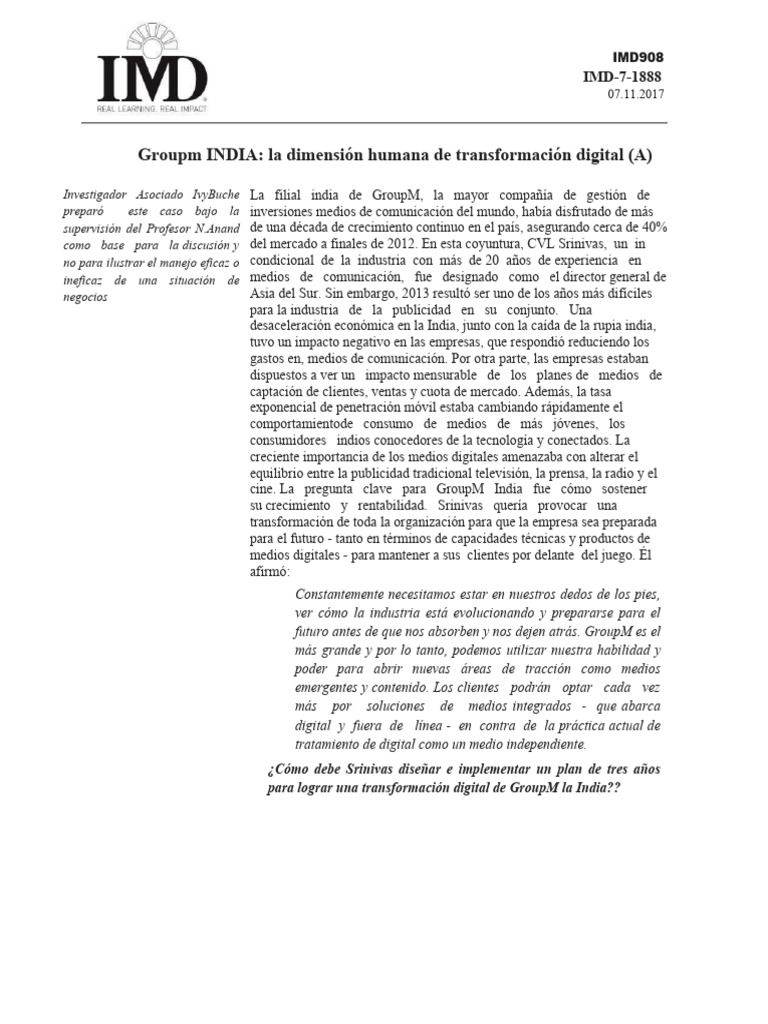Caso 1 GroupM India The Human Dimension of Digital Transformation (Español) | PDF | Internet ...