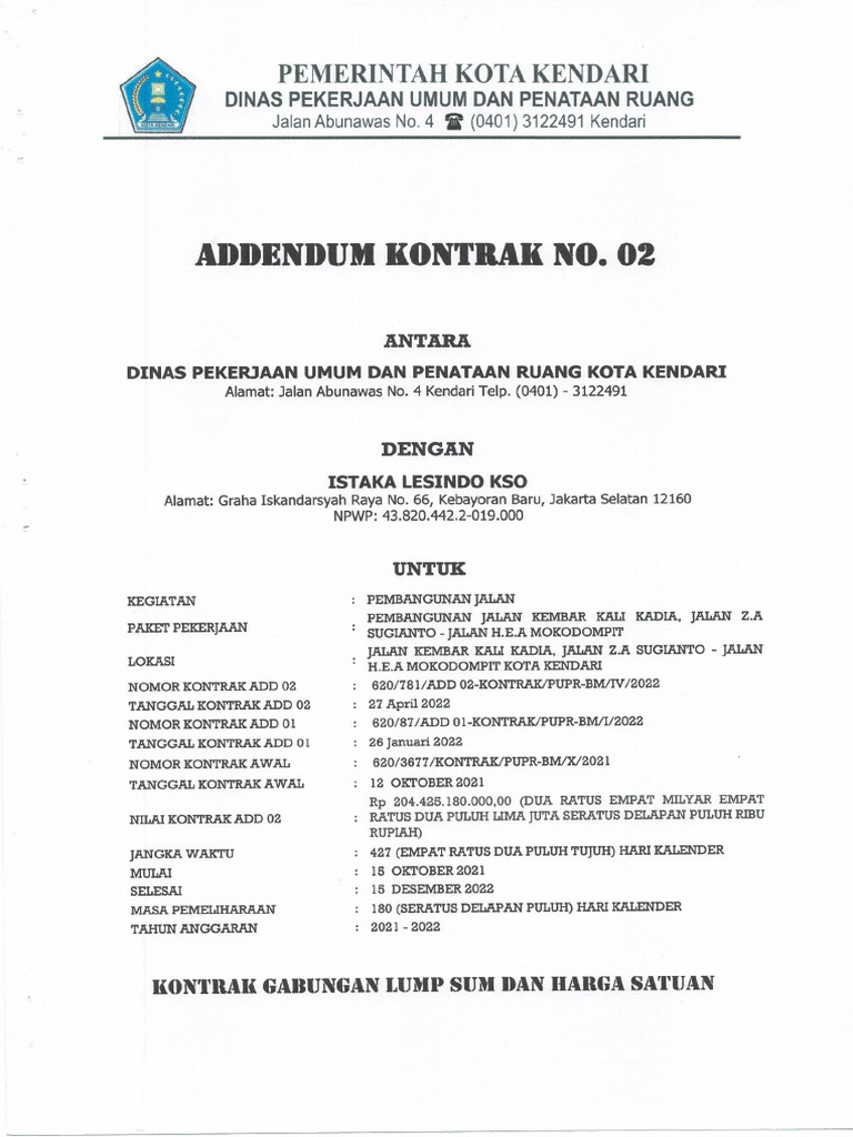 Add Kontrak No.2 Proyek Jalan Kembar Kali Kadia (Scan) - Full | PDF