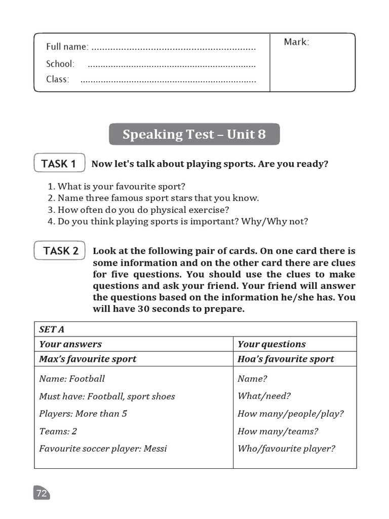 Speaking Test - Unit 8 | PDF