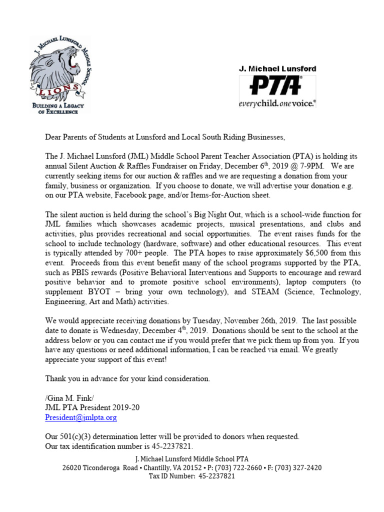 JML - PTA - Request - For - Donations - For - Silent - Auction - Letter - To - Parents - and ...