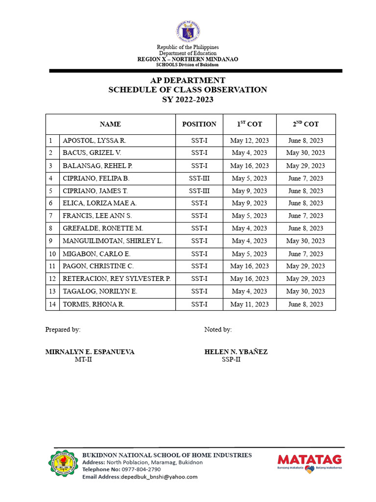 COT Observation Schedule 2022-2023 | PDF