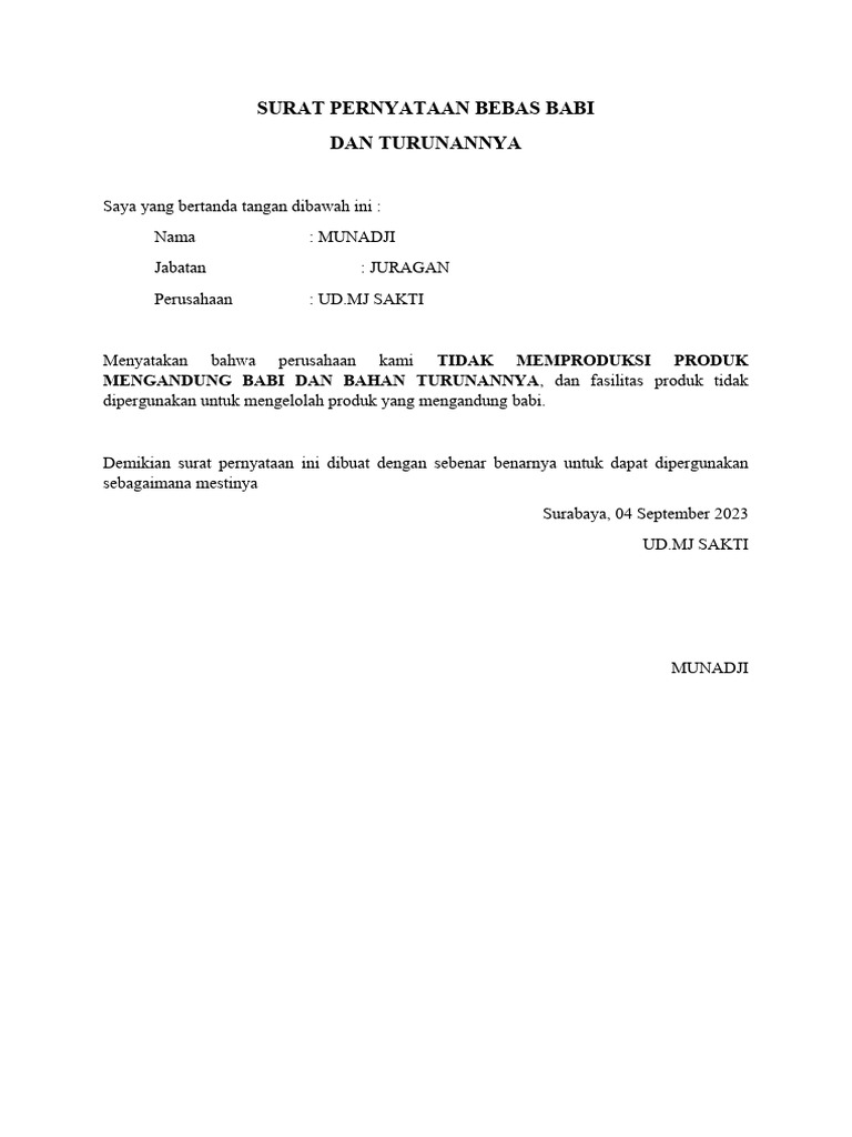 Surat Pernyataan Bebas Babi | PDF