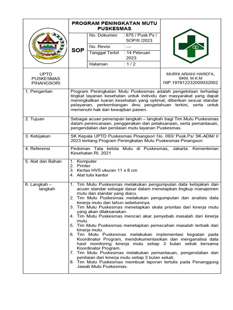 5.1.1 EP 2 SOP Program Peningkatan Mutu Puskesmas | PDF