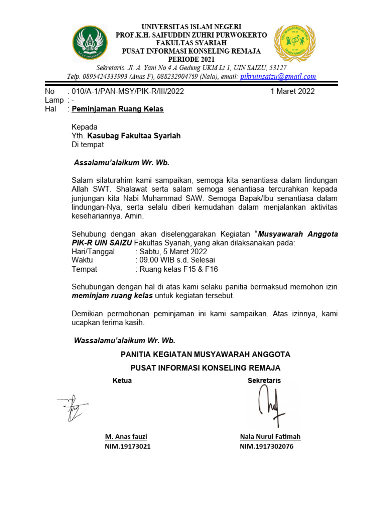 Surat Peminjaman PIK R | PDF