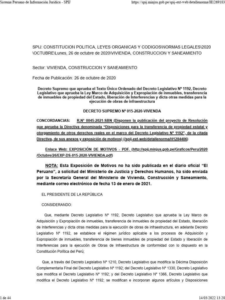 Decreto Supremo #015-2020-VIVIENDA | PDF | Dominio eminente | Propiedad