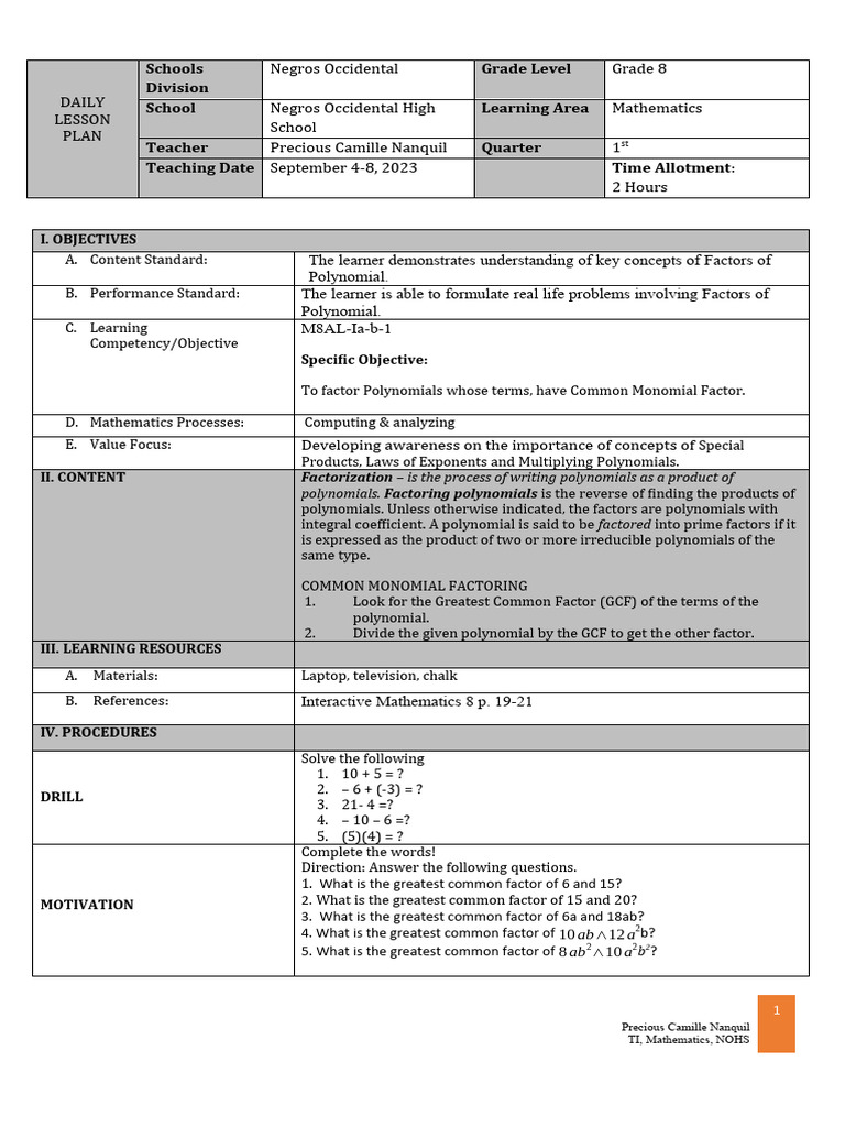 Lesson 1-Week 1 | PDF | Factorization | Polynomial