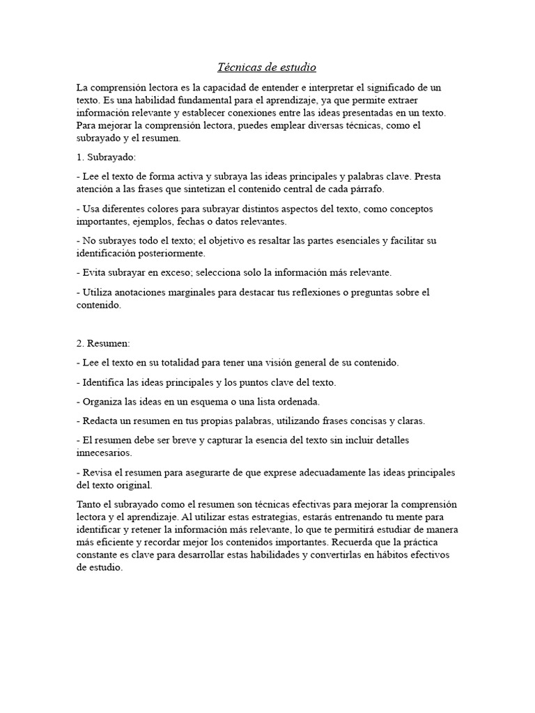 Técnicas de Estudio | PDF | Narración | Habilidades de estudio
