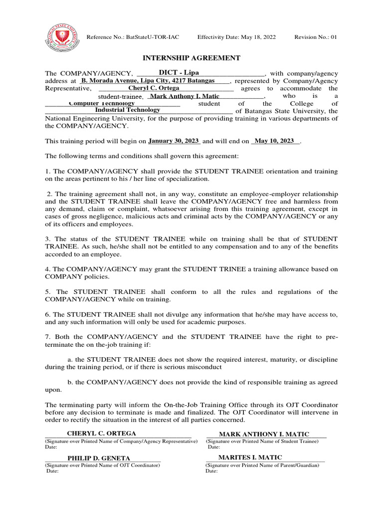 Internship-Agreement - Mark Anthony Matic | PDF | Justice | Crime & Violence