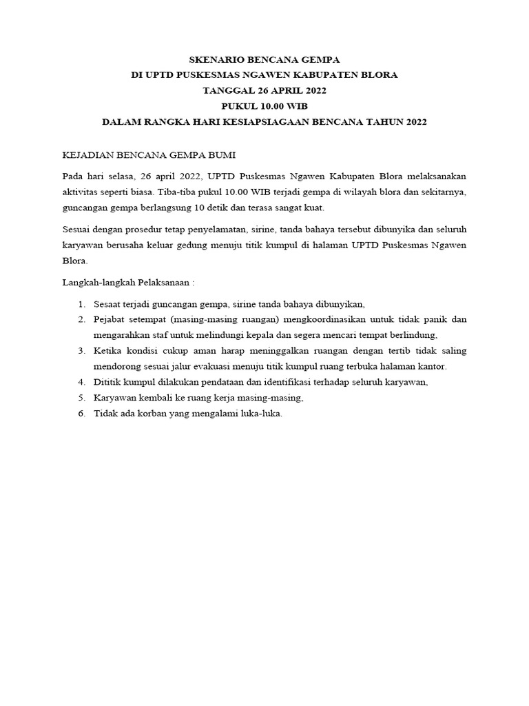 Skenario Simulasi Tanggap Bencana Gempa Bumi Puskesmas Ngawen TH 2022 | PDF Skenario Simulasi Tanggap Bencana Gempa Bumi Puskesmas Ngawen TH 2022 | PDF