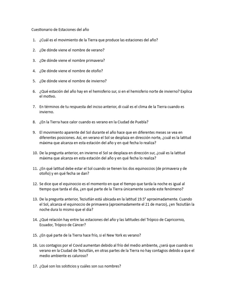 Cuestionario de Estaciones Del Año | PDF | Invierno | Temporada de ...