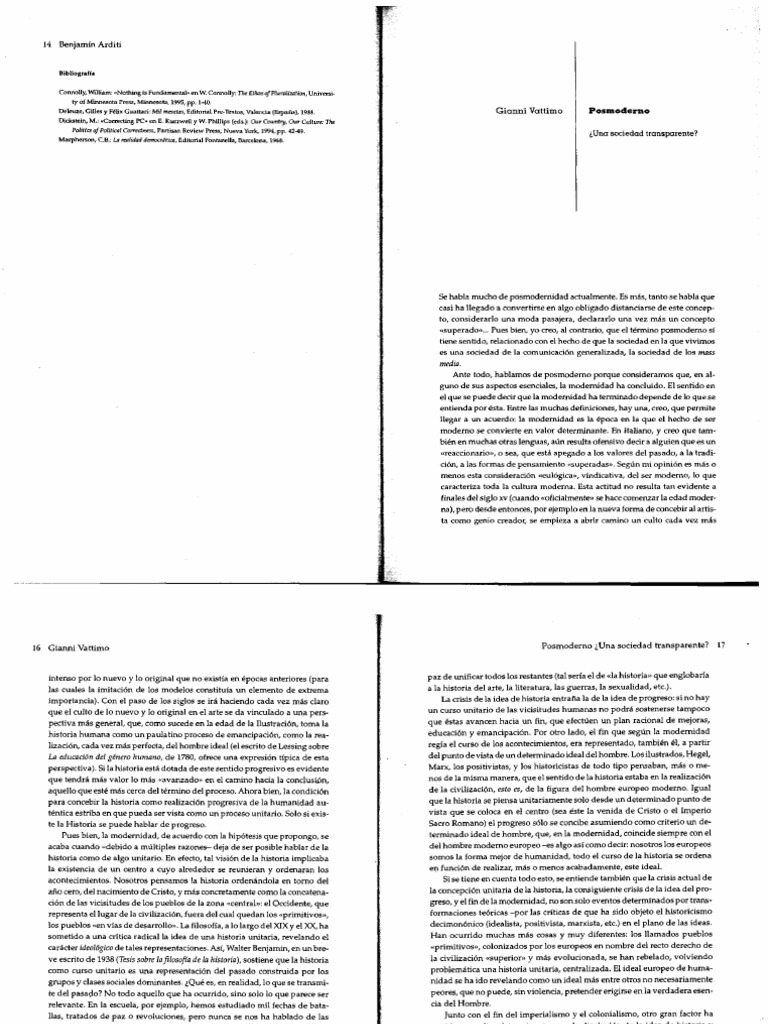 Vattimo, Una Sociedad Transparente | PDF | Filosofía | Historia Vattimo, Una Sociedad Transparente | PDF | Filosofía | Historia