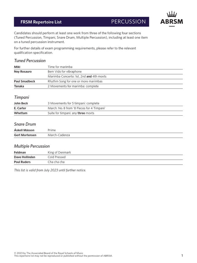 FRSM Repertoire Percussion Jul 2023 | PDF
