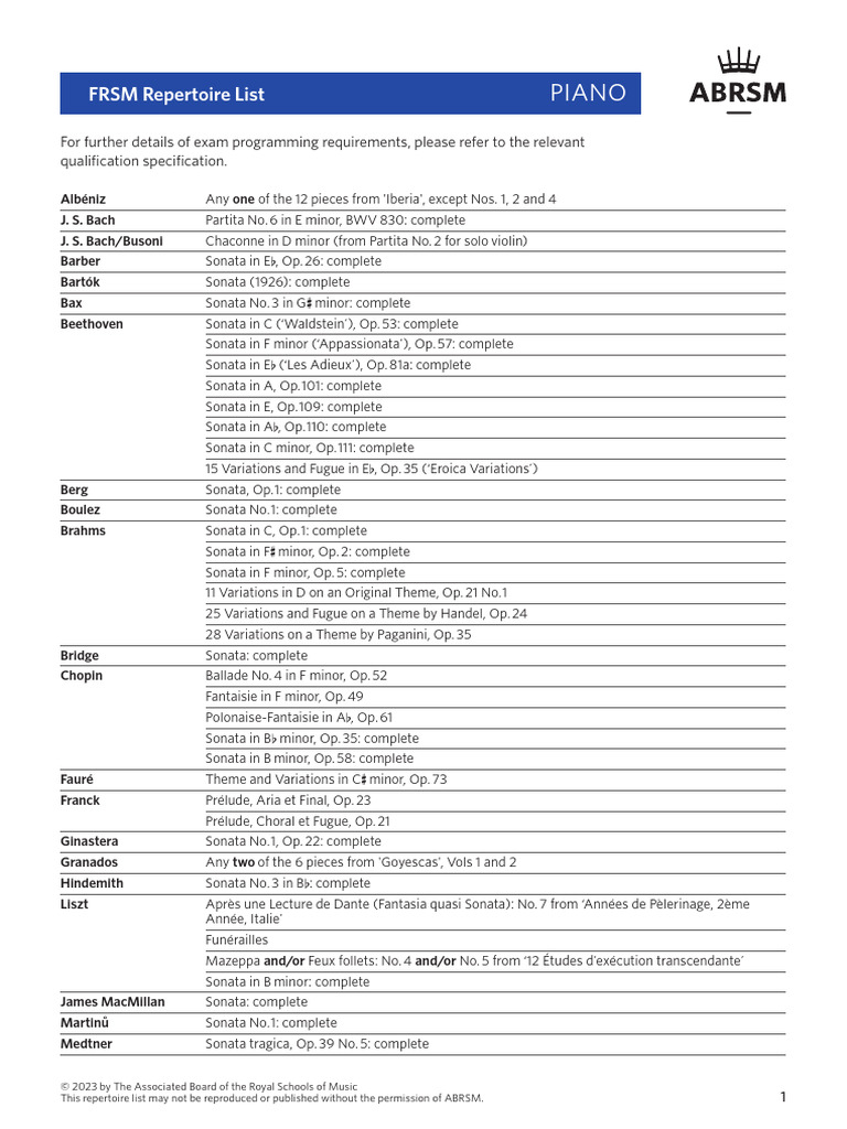 FRSM Repertoire Piano Jul 2023 | PDF | Variation (Music) | Opus Number