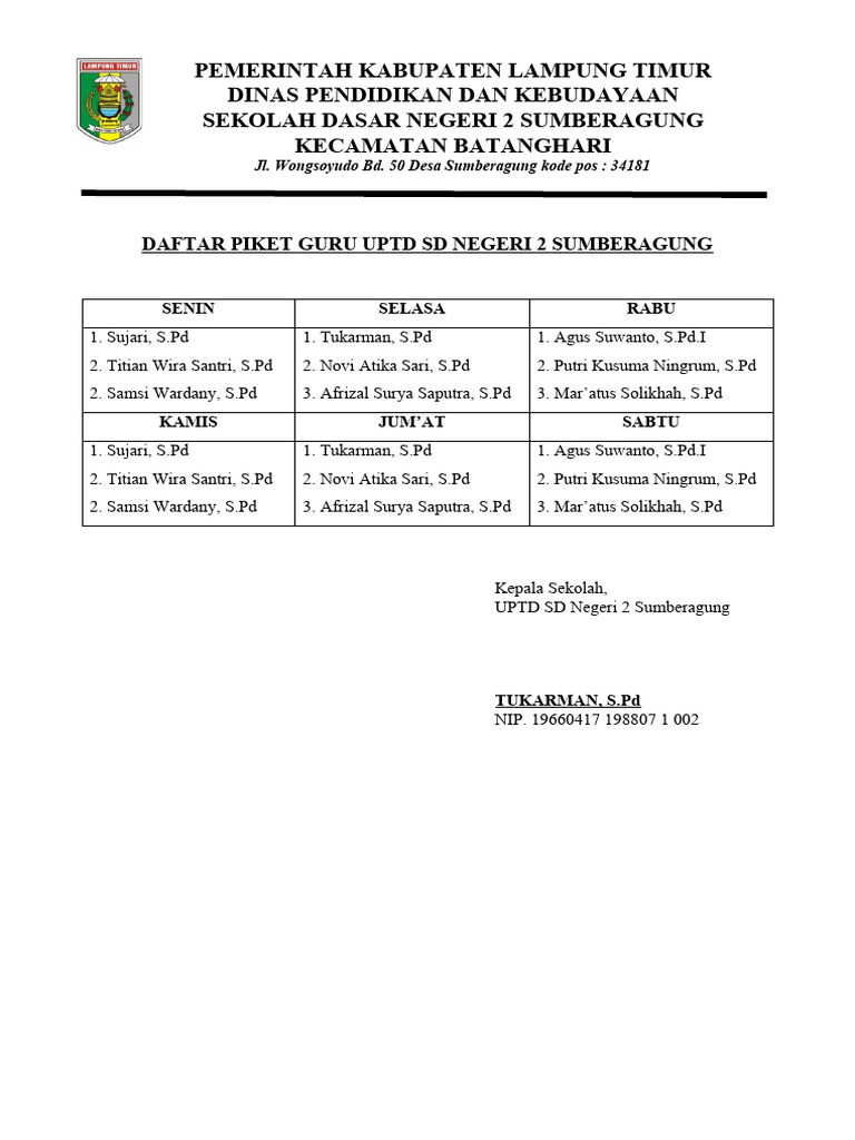 Jadwal Piket Guru Pdf