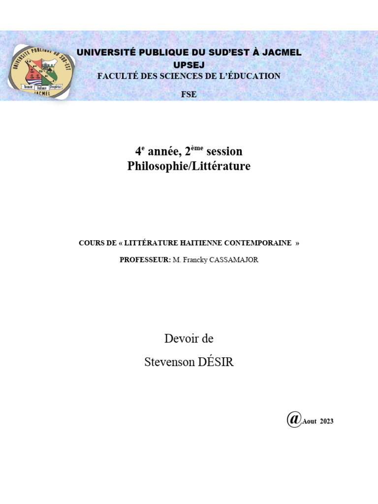 Devoir Final de Littérature Ayitienne Aout 2023 | PDF | Haïti | Eau