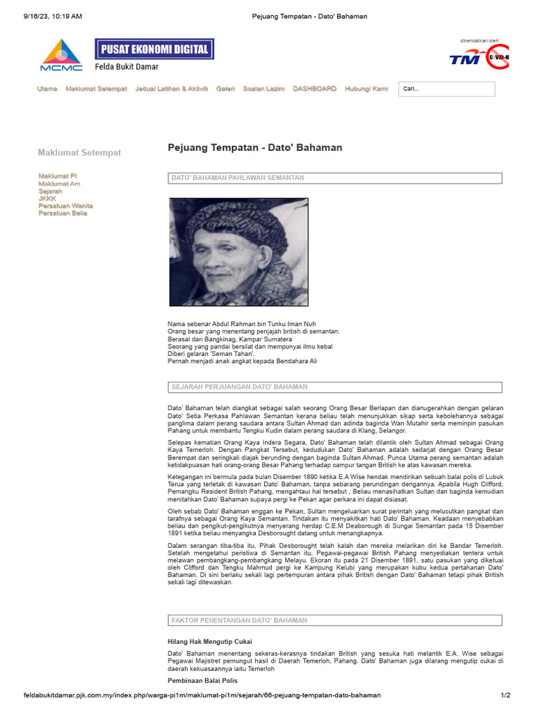 Dato' Bahaman: Pahlawan Semantan | PDF