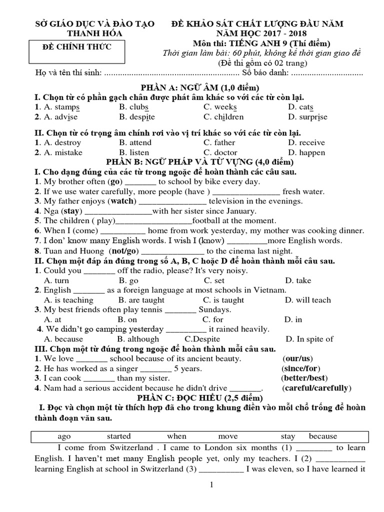 Tailieuxanh de Khao Sat Chat Luong Lop 9 Mon Tieng Anh Nam 2017 2018 Mon Tieng Anh Cua So Giao ...